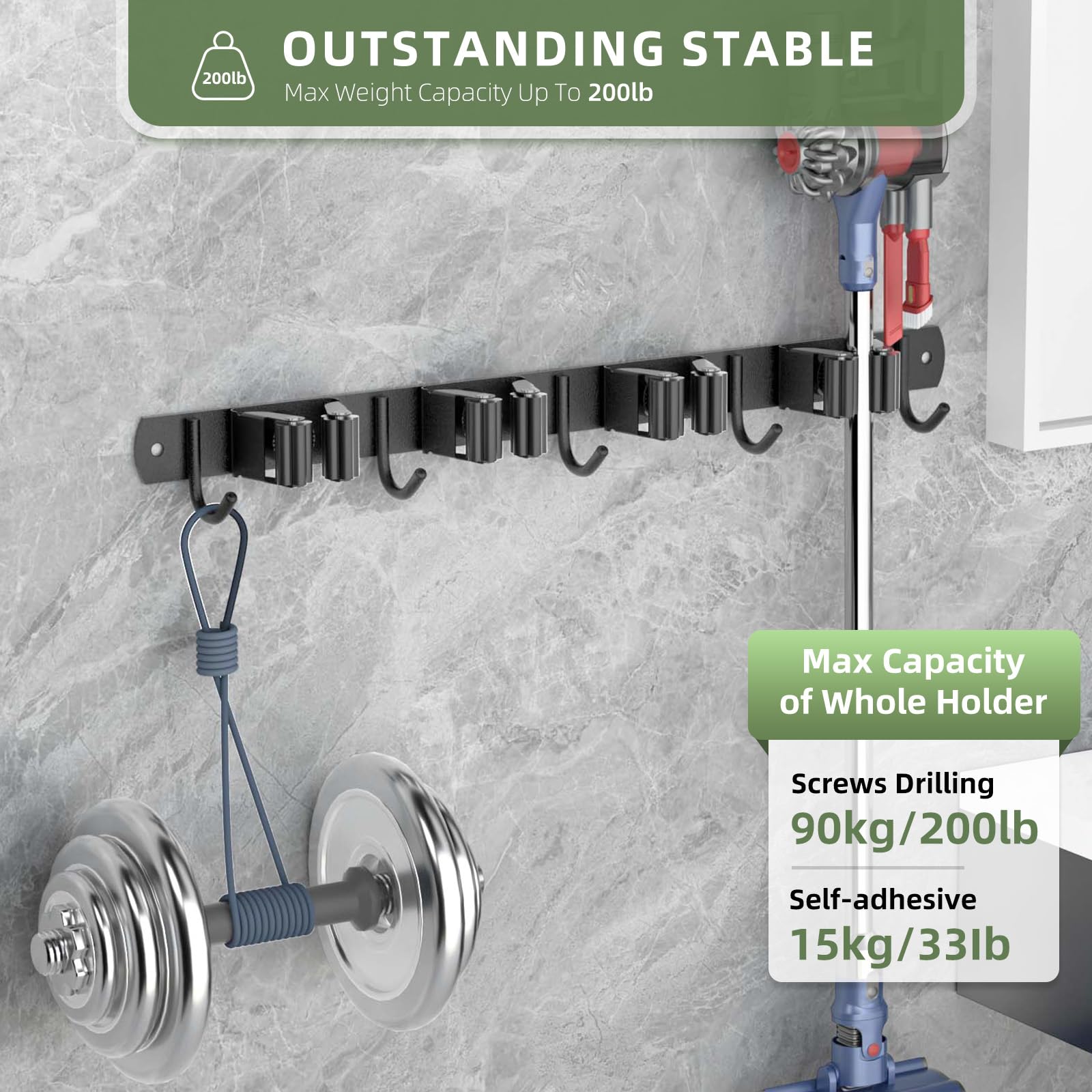 Batur 2 Pack Broom Holder Wall Mount, Upgraded Broom Holder, Heavy Duty Mop and Broom Holder Wall Mount, Super Anti-Slip 4 Racks 5 Hooks Broom Hanger Organizer for Home Kitchen Garden Laundry Garage