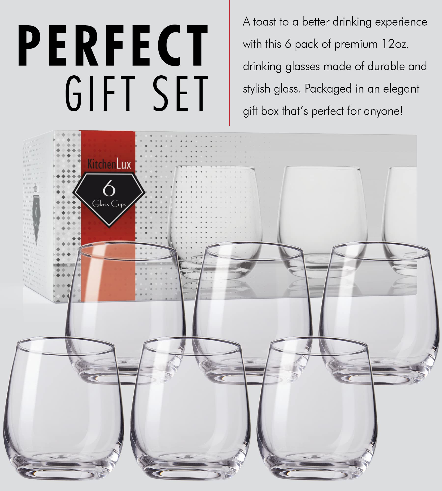 Kitchen Lux 12oz Drinking Glass Tumbler – Set of 4 – Premium Clear Glasses For Wine, Shots, Cocktails, Scotch and All Purpose Drinking Cups – Elegant Stemless Design – Dishwasher Safe
