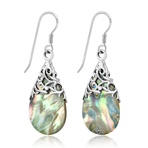 AeraVida Floral Vine Ornate Teardrop Abalone Shell .925 Sterling Silver Earrings | Abalone Earrings