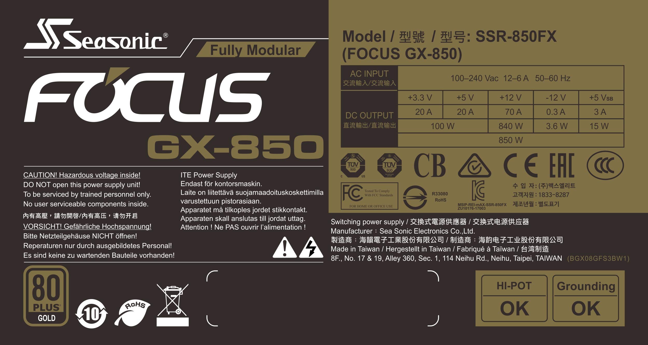 Seasonic FOCUS GX-850 - 850W - 80+ Gold - Full-Modular - ATX Form Factor - Low Noise - Premium Japanese Capacitor - 10 Year Warranty - Nvidia RTX 30/40 Super & AMD GPU Compatible (Ref. SSR-850FX)