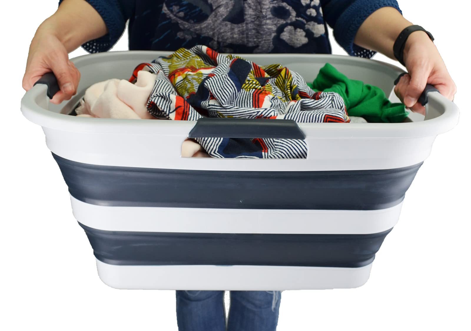 SAMMART 30L(8 gallon) Collapsible Plastic Laundry Basket - Foldable Pop Up Storage Container/Organizer - Space Saving Hamper/Basket - Water Capacity 24L(6.3 gallon) (1, Grey/Slate Grey)