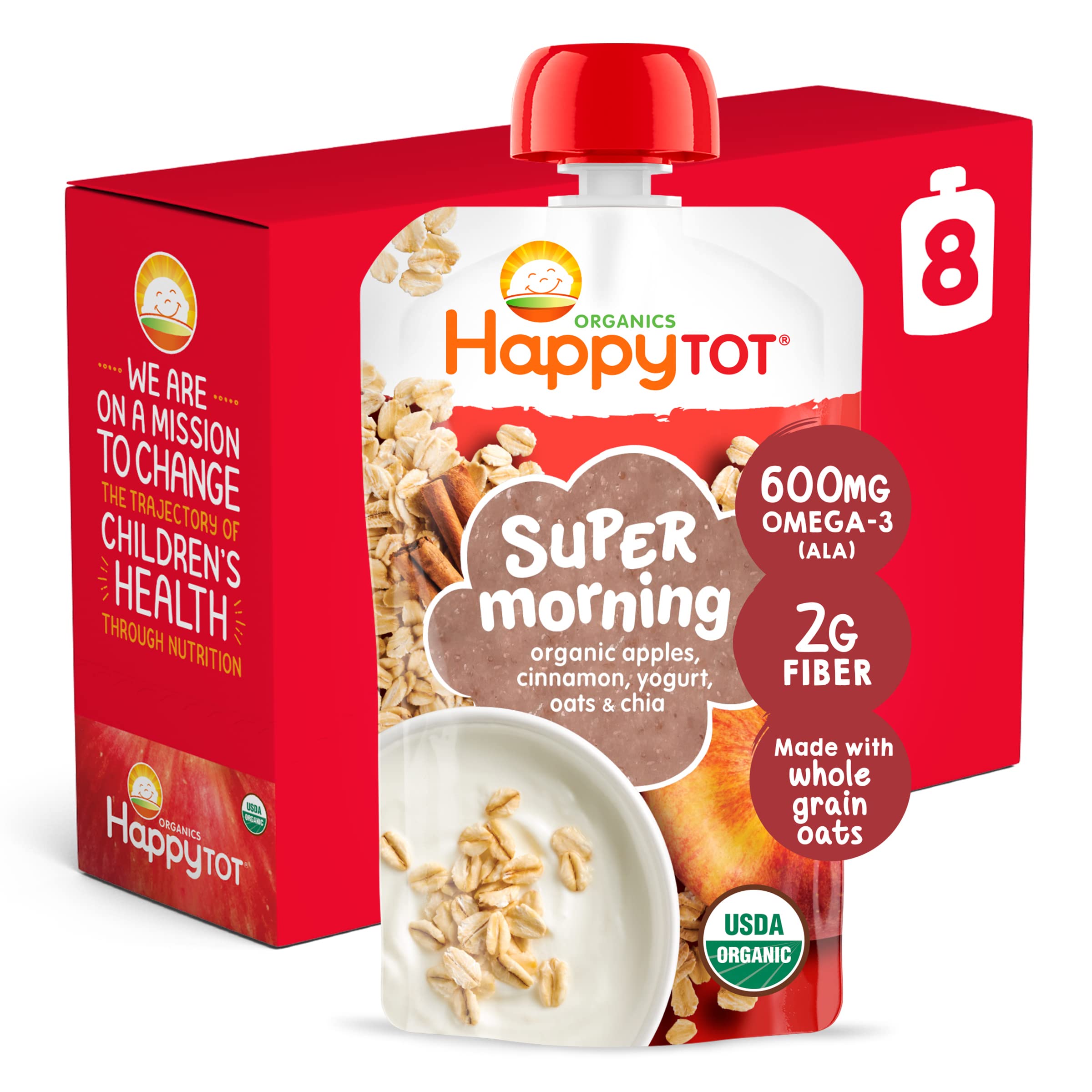 Happy Tot Organics Stage 4 Baby Food Pouches, Gluten Free, Super Morning Fruit & Oat Blend, Apple, Cinnamon, Yogurt, Oats & Chia, 4 Oz (Pack of 8)