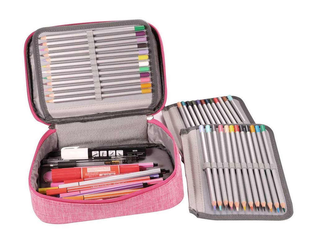 Becho Multifunction Zipper Pencil Case High Capacity Holder Pouch Pen Bag Colored Pencil Pen Box 72 Slots (Pink)