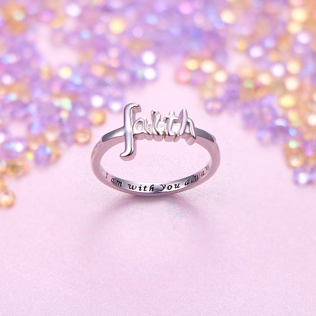925 Sterling Silver I am With You Always Religious Faith Cross Ring for Women Girls, Size 5