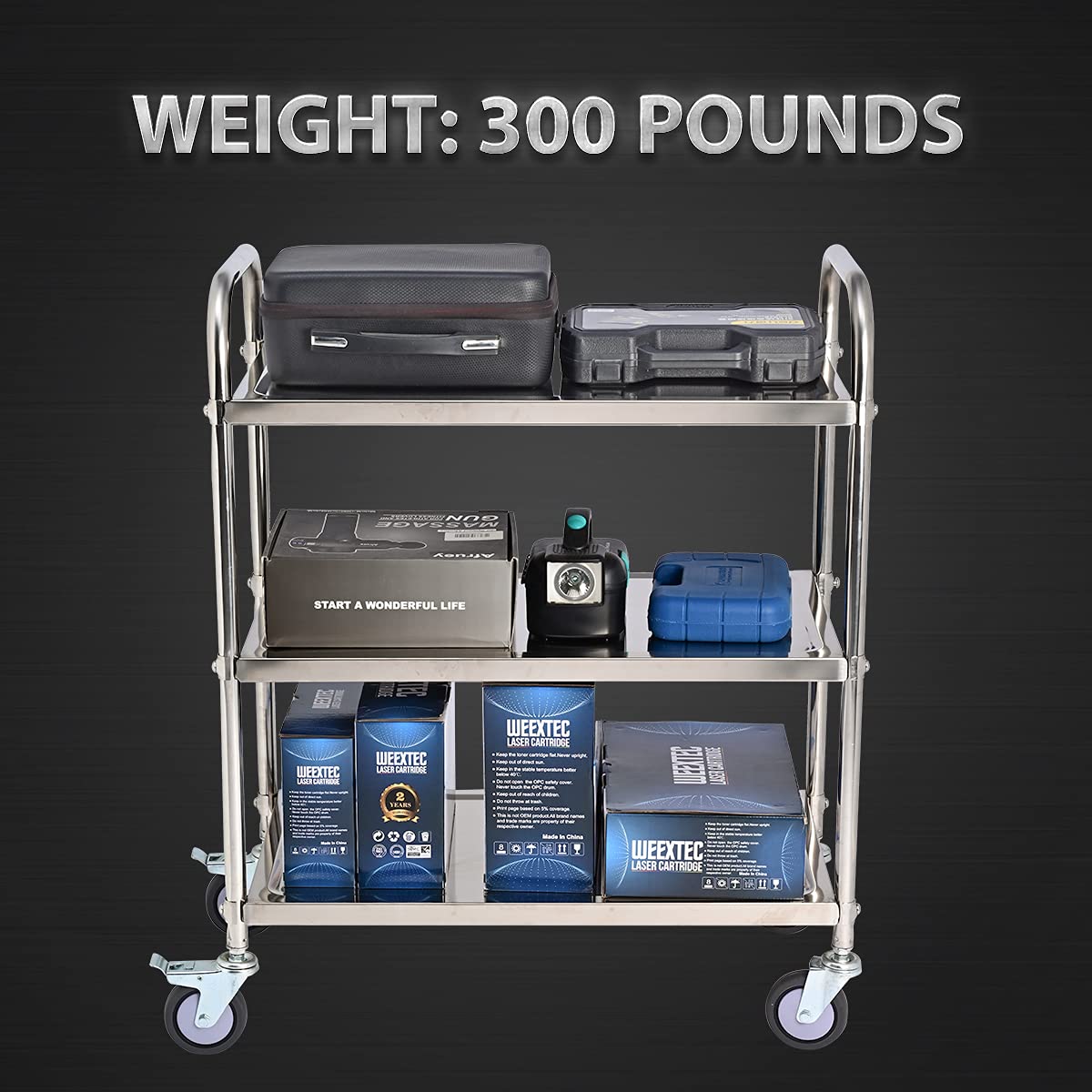 Amarite 3 Shelf Stainless Steel cart,420 lbs,1MM Thick,Serving cart with Wheels, Household, Service Trolley,360°Rotation Storage Shelf with Locking Wheels(29.5*15.8*37.4)'' Stainless Utility cart.