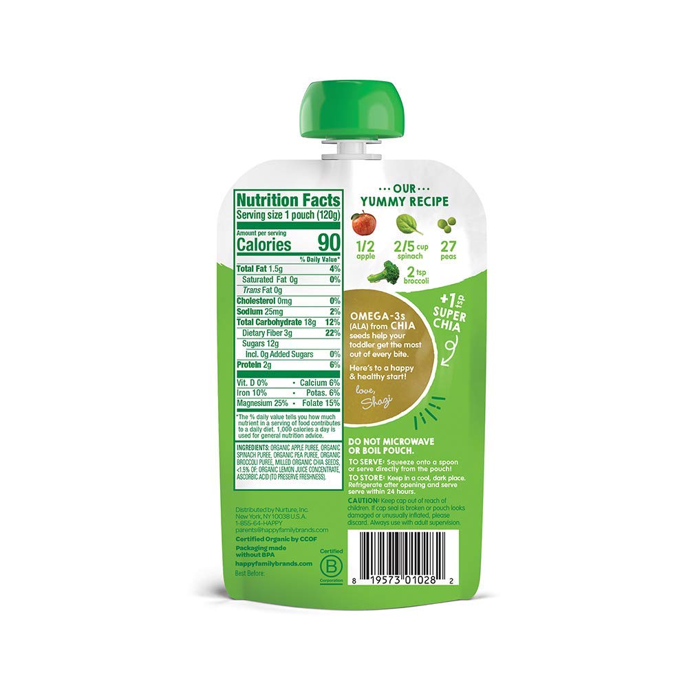 HAPPYTOT Organics Super Foods Stage 4, Apples Spinach Peas & Broccoli + Super Chia, 4.22 Ounce Pouch (Pack of 16) packaging may vary