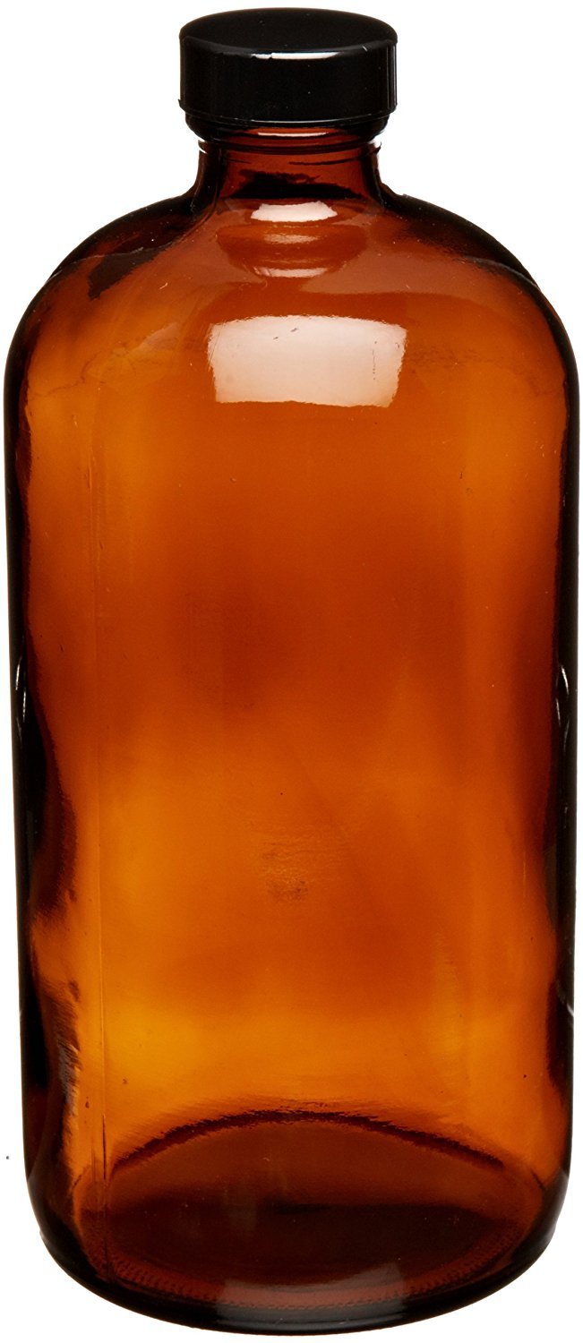 JG Finneran D0161-32 Amber Borosilicate Glass Standard Boston Round Bottle with Black Phenolic Closure, PE Cone Lined, 33-400mm Cap Size, 32oz Capacity (Pack of 12)