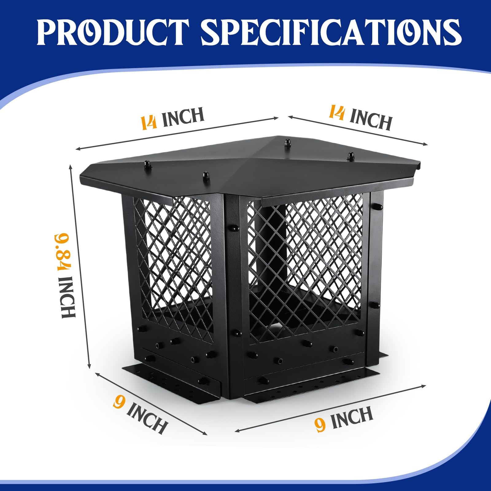 Blulu 9" x 9" Chimney Cap Galvanized Steel Chimney Cover Chimney Rain Cap Fireplace Chimney Cap for Outside Adjustable Bottom to Fit Existing Clay Flue Tile Sizes, Black