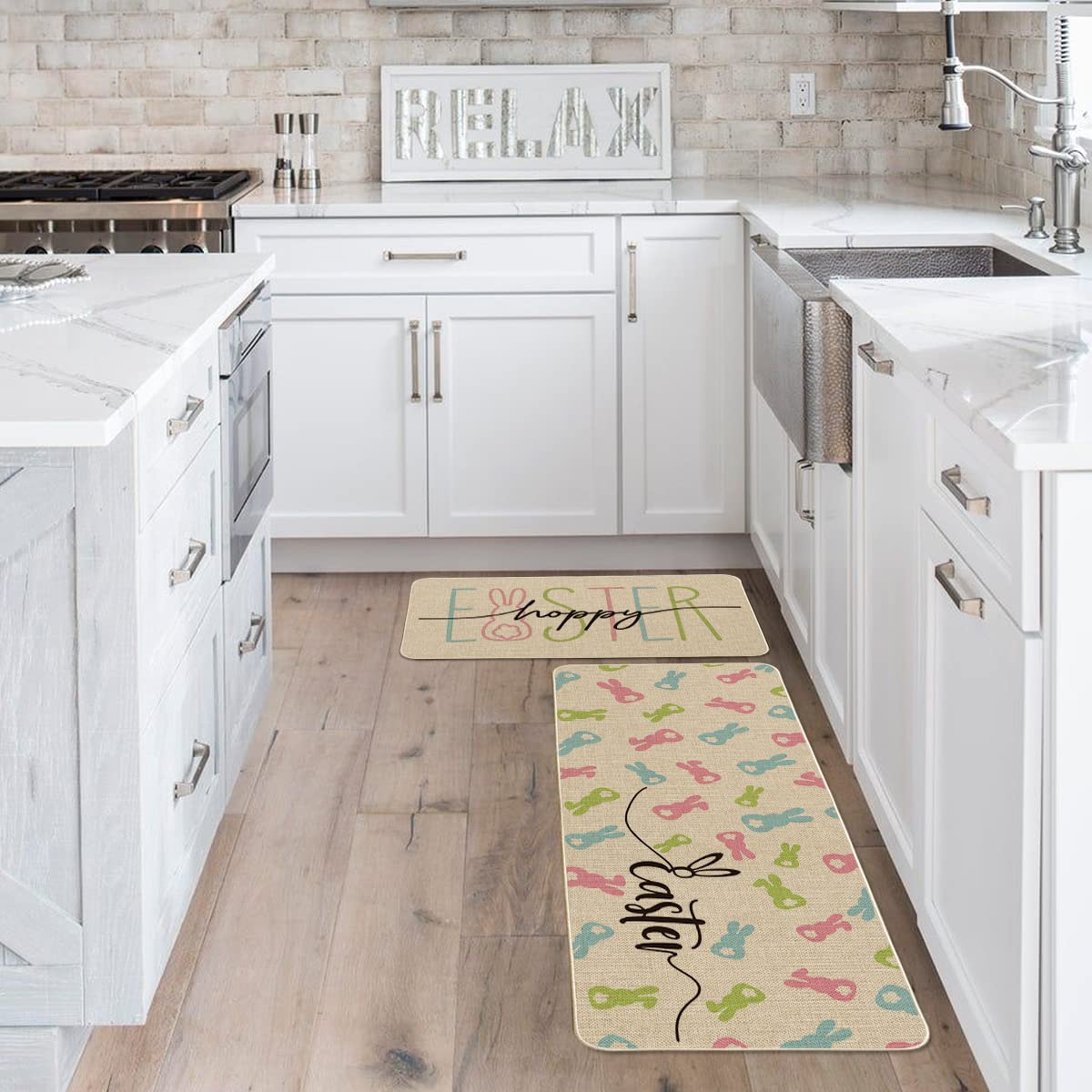Artoid Mode Rabbit Bunny Hoppy Easter Kitchen Mats Set of 2, Spring Home Decor Low-Profile Kitchen Rugs for Floor - 17x29 and 17x47 Inch