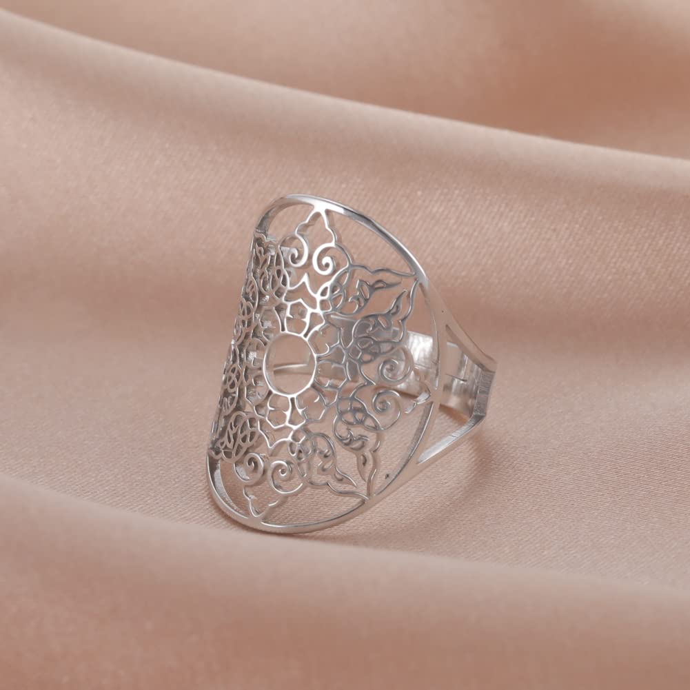 Amaxer Snowflake Ring Geometric Filigree Flower Ring for Women Adjustable Stainless Steel Vintage Finger Rings (Silver)