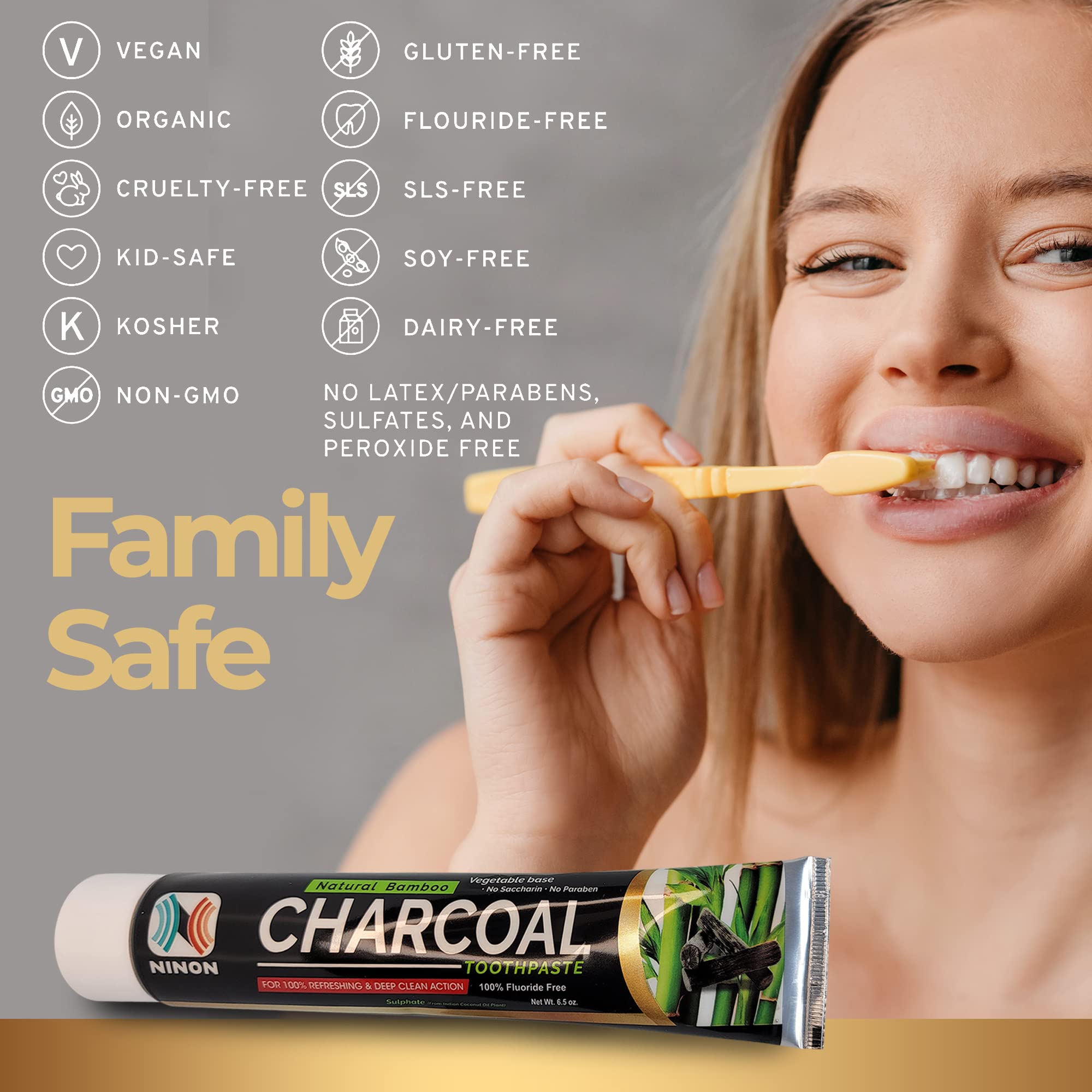 Activated Charcoal Toothpaste 2 pack (6.5oz each) 100% Deep Cleansing Natural Toothpaste, Organic Paste eliminates bad mouth odor Keeping it Refreshing, Natural Whitening Toothpaste, Fluoride Free and Paraben Free, Vegan