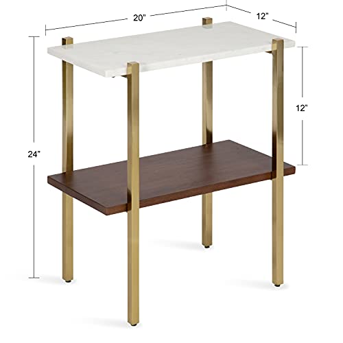 Kate and Laurel Abcott Midcentury Side Table, 20 x 12 x 24, Walnut Brown and Gold, Decorative Two-Tier Bedroom Nightstand Table with Genuine Marble Tabletop