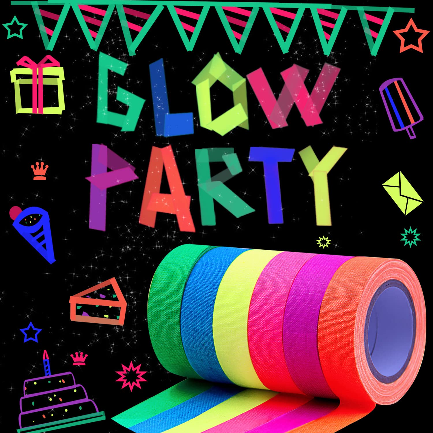 Tonsiv Adhesive Black Light Tape Sets, 6 Colors Neon Gaffer Cloth Tape, Fluorescent UV Blacklight Glow in The Dark Tape for UV Party (0.6 inch x 16.5 feet)