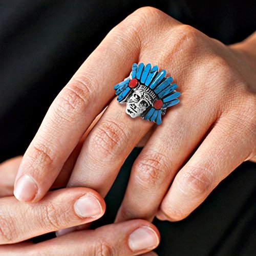 AeraVida Native American Indian Chief Blue Simulated Turquoise and Reconstructed Red Coral .925 Sterling Silver Ring (8)