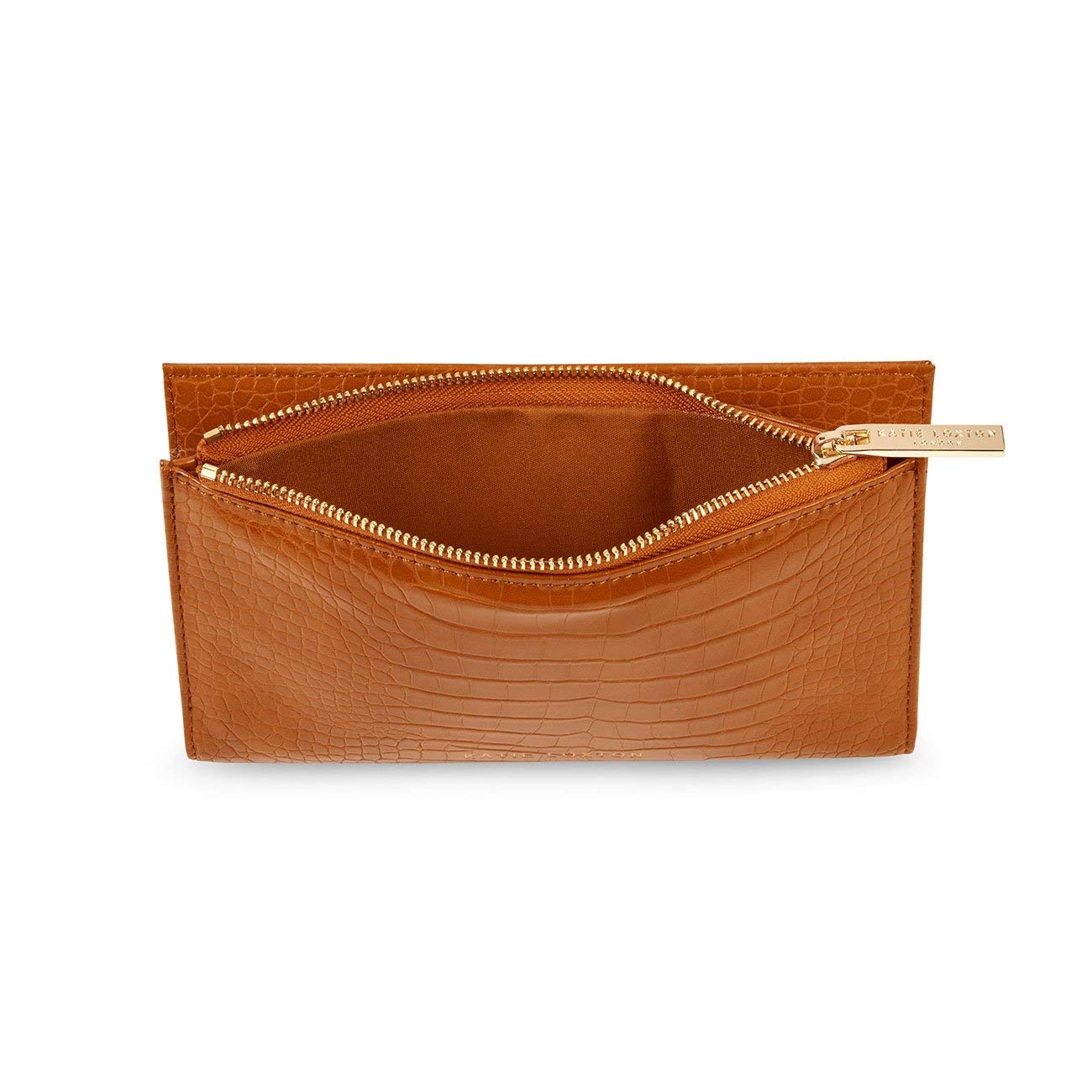 KATIE LOXTON Faux Crocodile Womens Small Vegan Leather Fold-out Purse Wallet Cognac