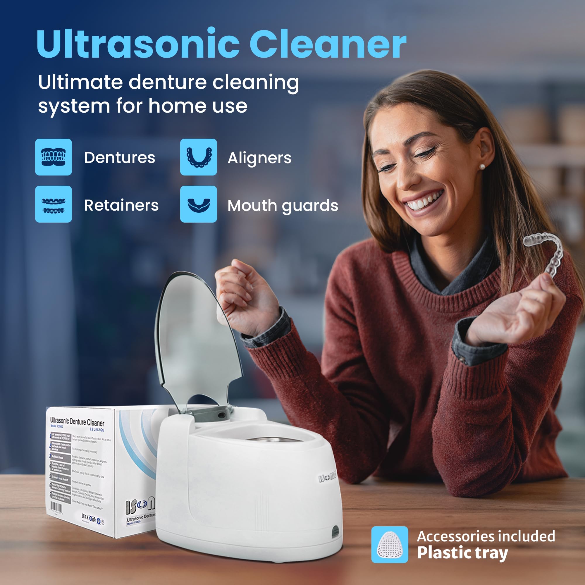 iSonic F3900 Ultrasonic Denture/Aligner/Retainer Cleaner for all dental and sleep apnea appliances, 110V 20W (tank no longer removable) , White , 0.4Pt/0.2L