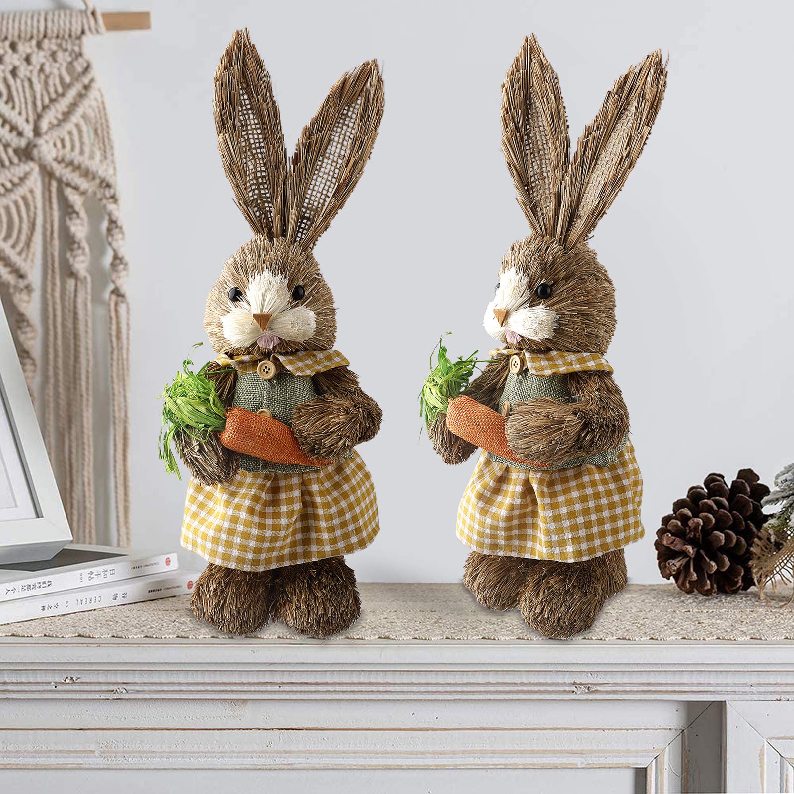 Keebgyy 14inch Easter Bunny Figures, Simulation Standing Rabbit Ornaments with Carrot Holding Basket Decorations for Party Home Garden Holiday Decor Gifts
