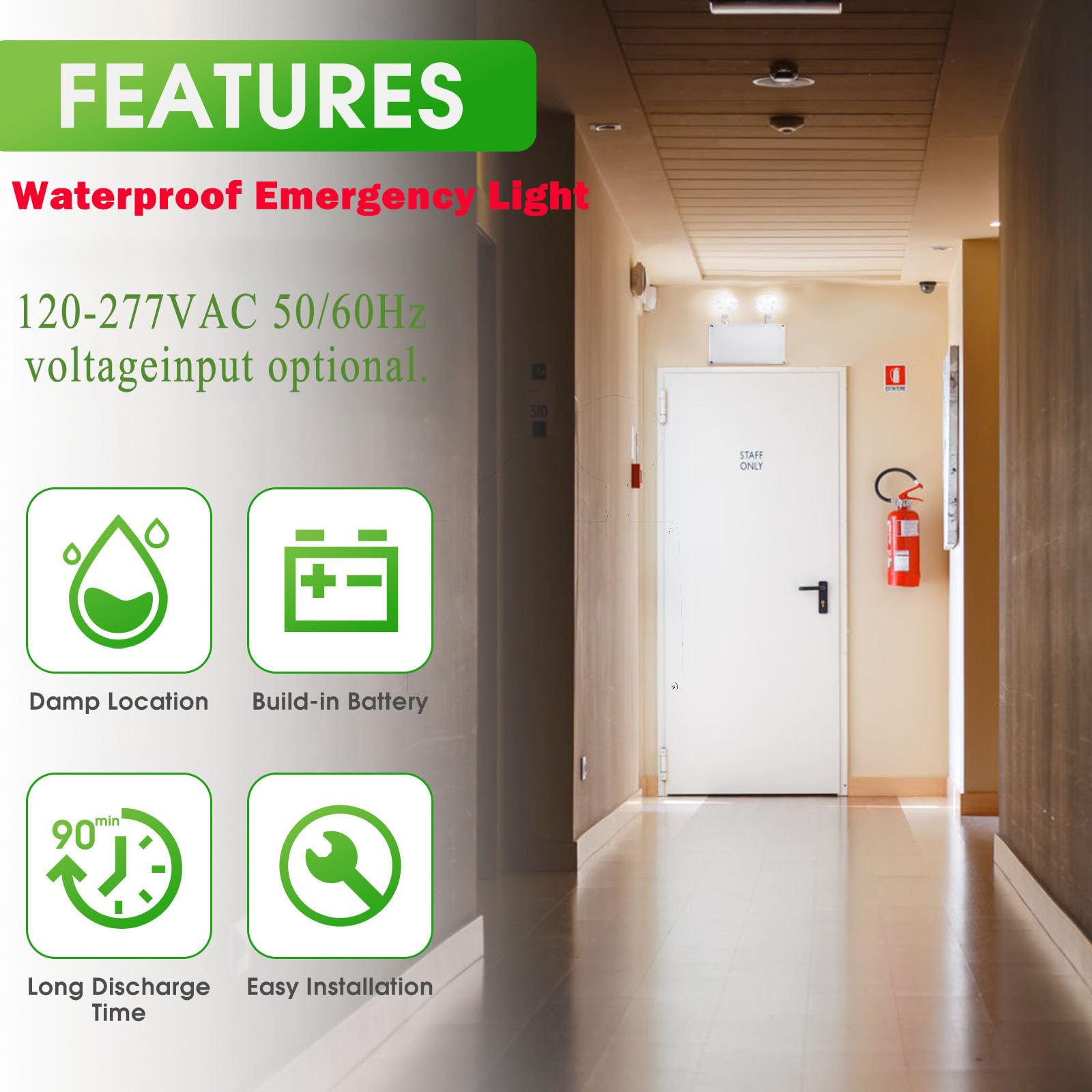 Garrini Waterproof LED Emergency Light, White housing, Dual Rotational LED Emergency Light with Backup Battery, Commercial Grade, Fire Resistant,Suitable for Wall Mount, Wet Location WMU