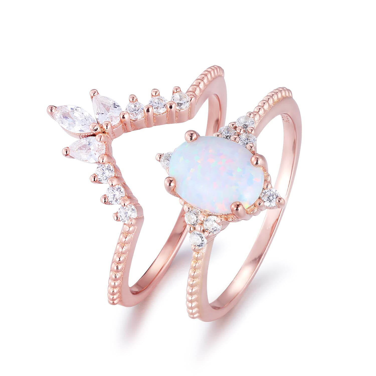 925 Sterling Silver Rose Gold White Fire Opal CZ Diamond Engagement Ring Stackable Wedding band Set Women Bridal set Statement Anniversary Ring Gift Promise Oval Cut White Gold Yellow Gold