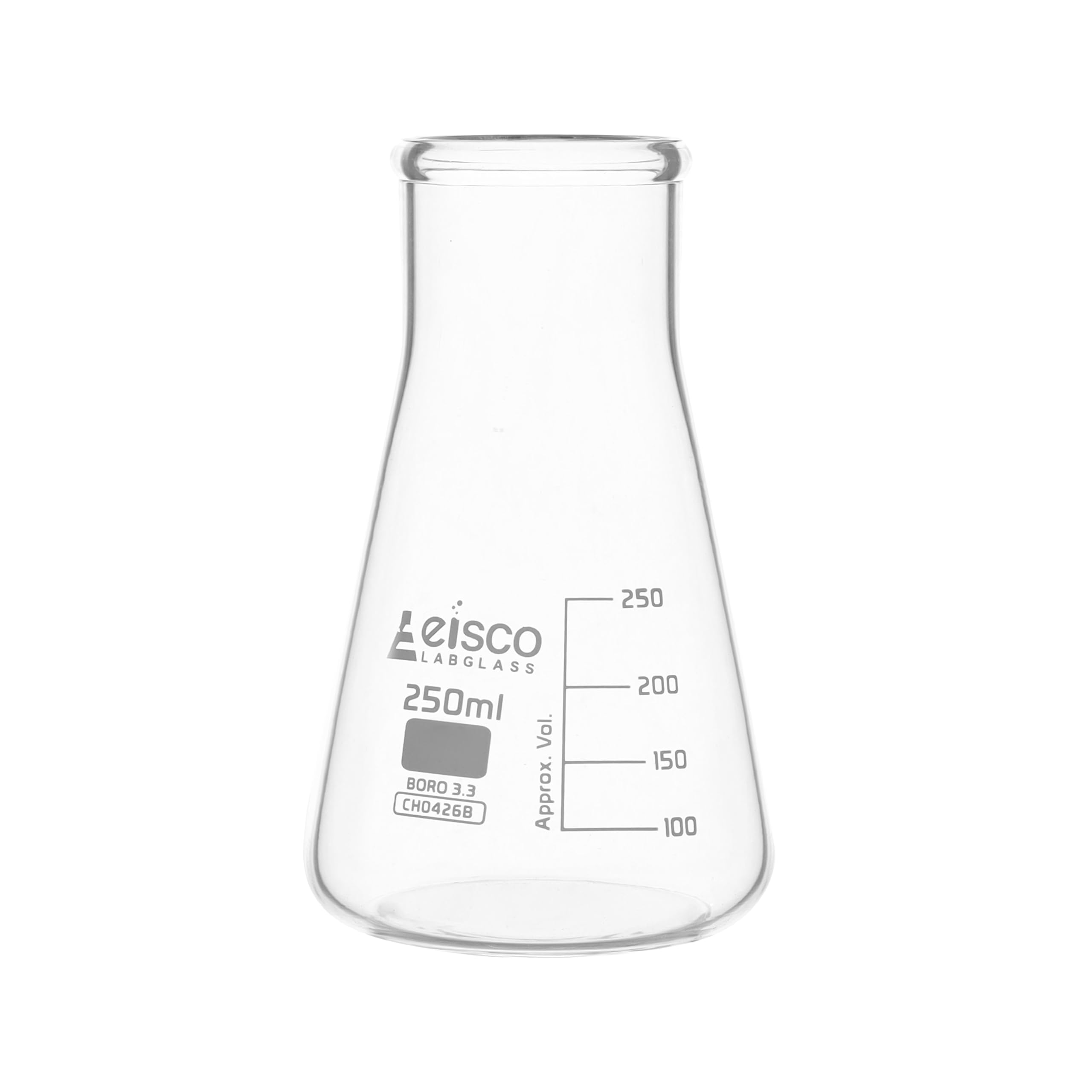 EISCO Erlenmeyer Flask, 250ml - Borosilicate Glass - Wide Neck, Conical Shape - White Graduations
