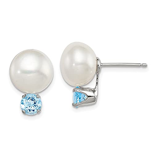 925 Sterling Silver 10-11mm Freshwater Cultured Button Pearl with Blue Topaz Earring