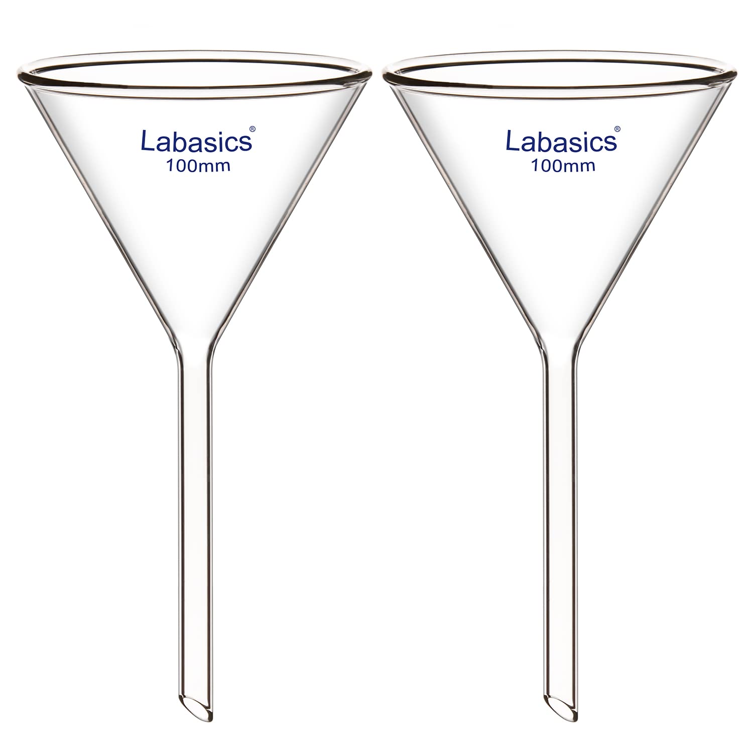 Labasics 2-Pack Glass Heavy Wall Funnel Borosilicate Glass Funnel, Short Stem 100 mm Diameter, 100 mm Stem Length