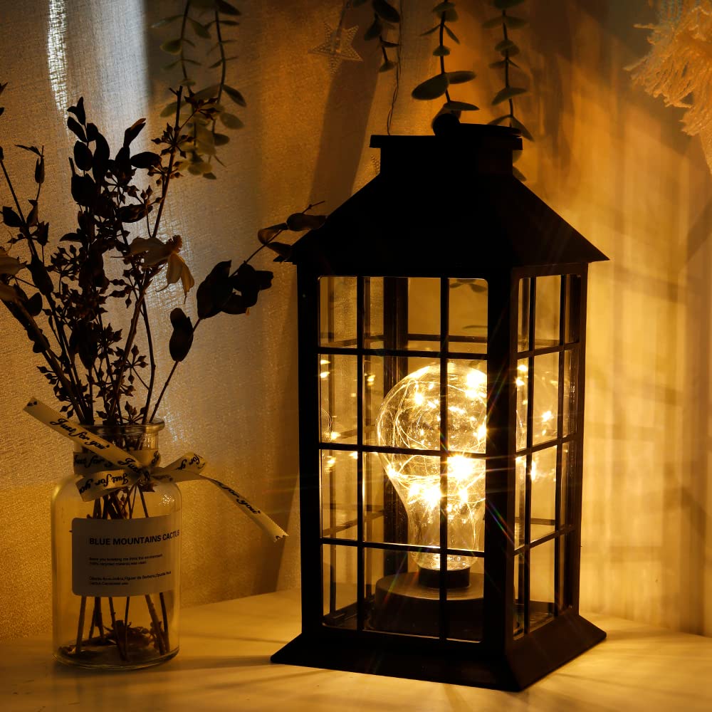 JHY DESIGN Waterproof Decorative Hanging Lantern 12''High Plastic Lantern Holder Battery Powered with LED Bulb and 6H Timer Lights for Balcony Garden Hallway Entryway Indoor Outdoor(Square Stripe)