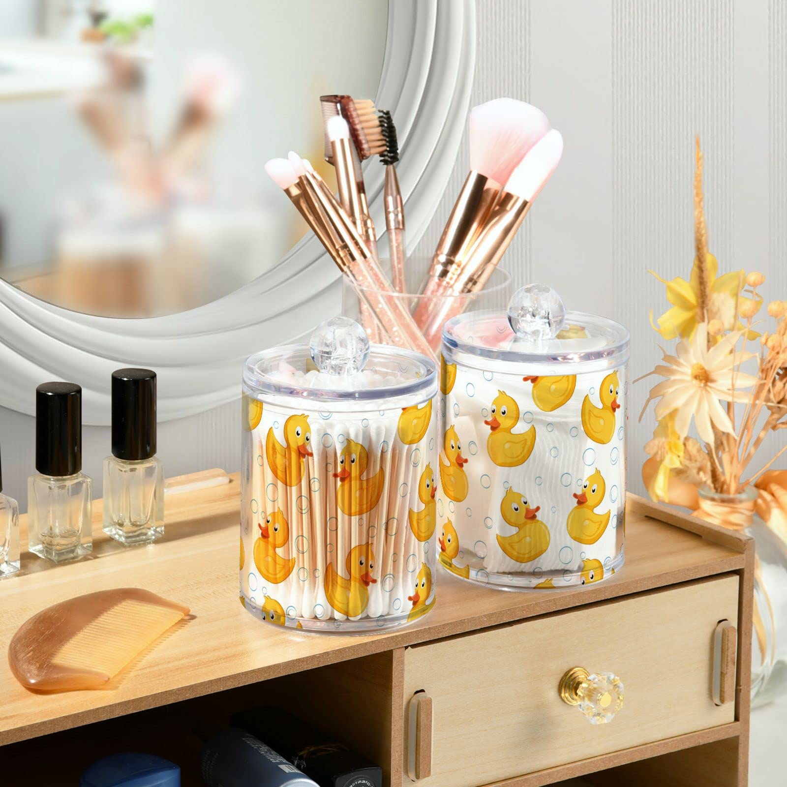 DOMIKING Rubber Duck 2 Pack Cotton Swab Holder Dispensers Plastic Jar Bathroom Storage Canister Acrylic Containers for Floss Makeup Sponges Cotton Ball