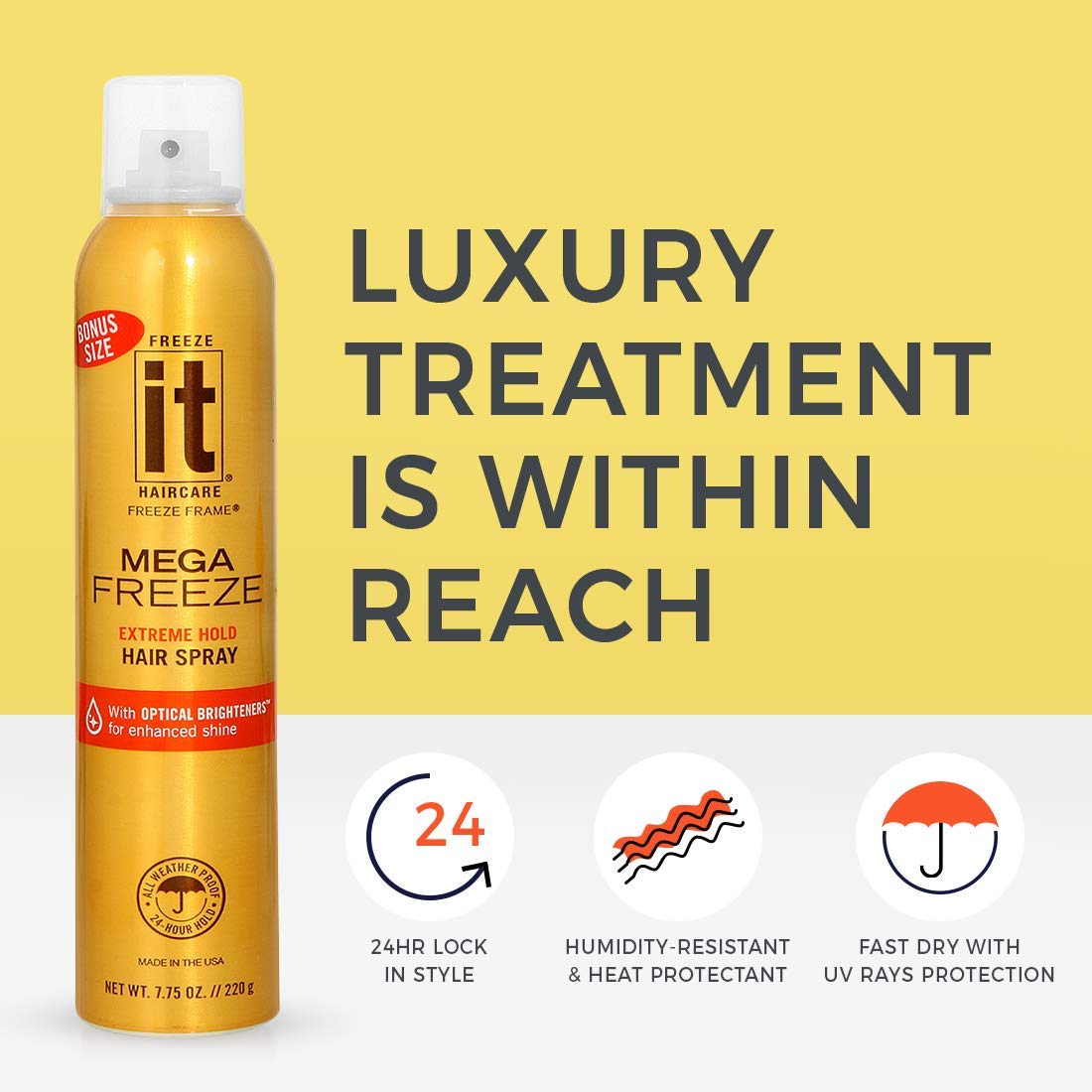 IT Haircare MEGA Freeze Extreme Hold Hair Spray | 7.75 Oz. | Vitamin B5 & Hydrolyzed Wheat Protein | Humidity Resistant | Optical Brighteners for Enhanced Shine | 24 Hour Hold Fast-Dry