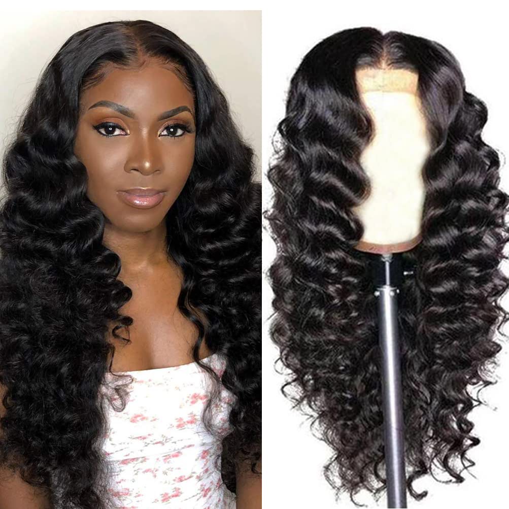 Bworto Loose Deep Wave 13x4 Lace Front Glueless Wigs Human Hair Pre Plucked Loose Deep Curly Lace Frontal Wigs for Black Women Natural Hairline 150% Density 20 Inch