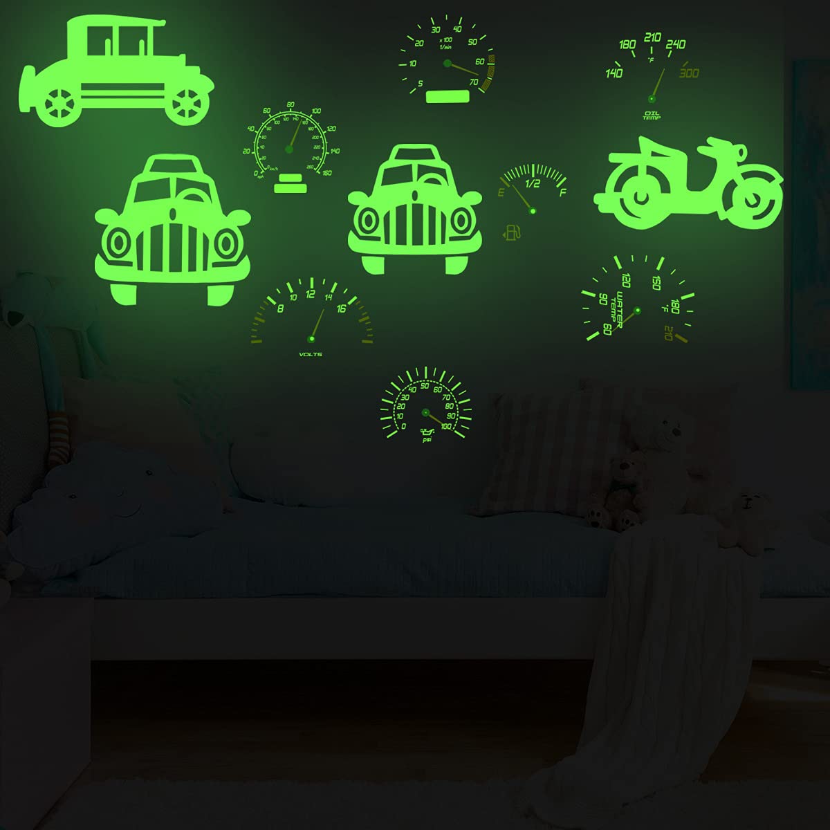 Arquiel Car Wall Decals Glow in The Dark Motorcycle Dashboard Wall Stickers for Baby Boys Bedroom Ceiling Nursery Playroom