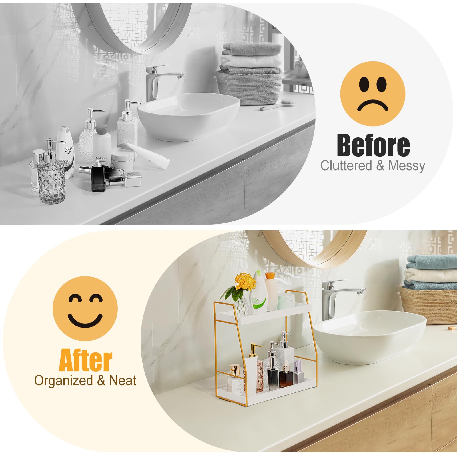 BYT Bathroom Organizer Countertop, 2-Tier Bathroom Organizer Tray for Counter with Basket, Vanity Organizer and Storage for Makeup Bedroom, Wood Spice Rack Organizer for Kitchen (Golden+White)