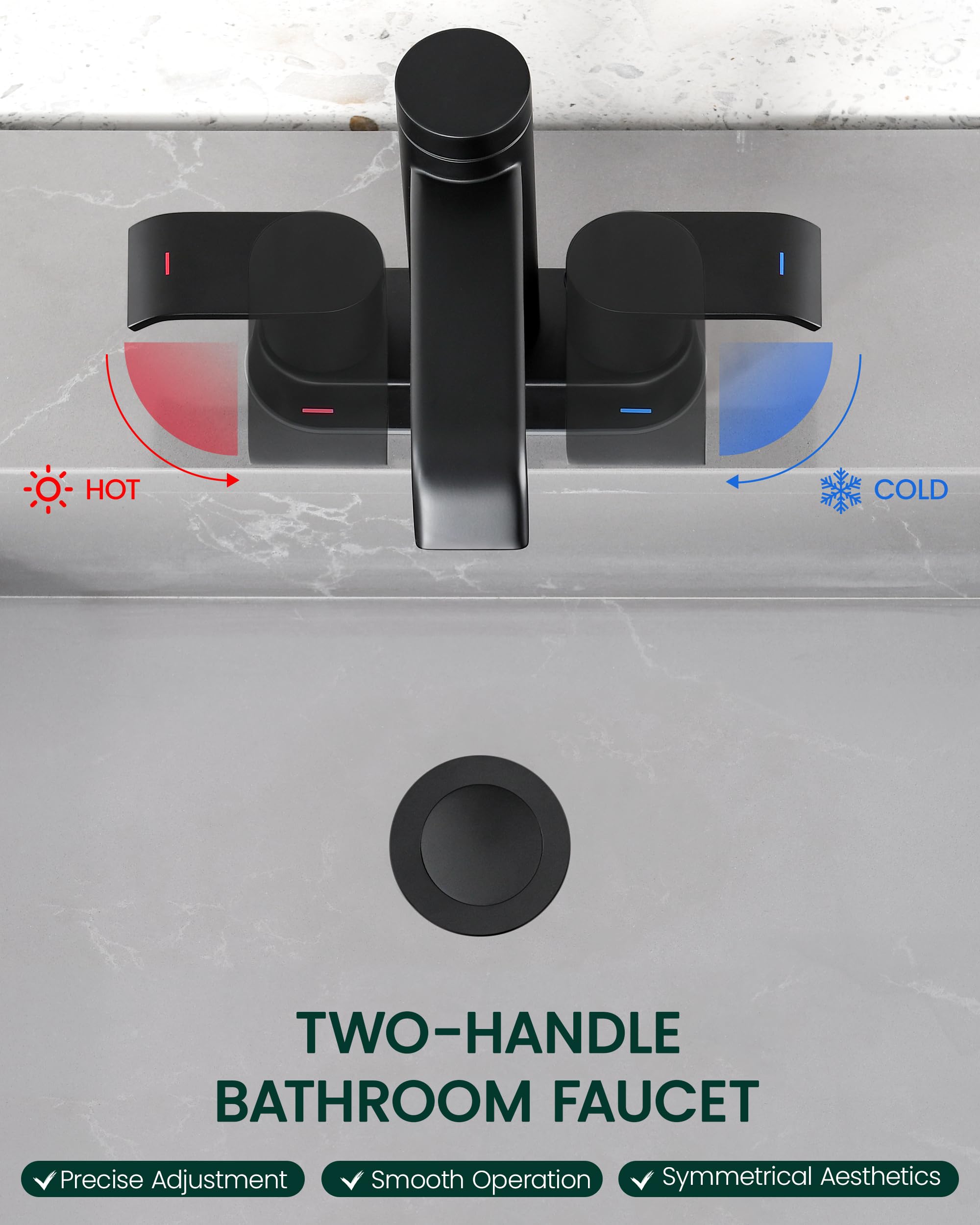 Matte Black Waterfall Bathroom Sink Faucet - HEISOK 4 Inch Bathroom Faucet with Overflow Pop Up Drain & Supply Hose, Stainless Steel 2 Handles Centerset Lavatory Vanity Bath Faucet for 2 or 3 Hole