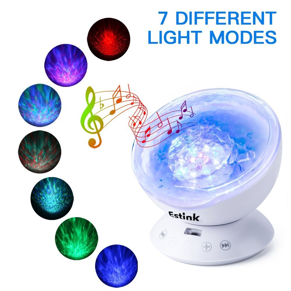 Ocean Wave Night Light Projector, Baby Lullaby Night Light with 7 Relax Light Show Projection, Music Player, Auto-Off Timer for Nap-time for Baby Nursery, Adults and Kids Bedroom, Living Room (White)