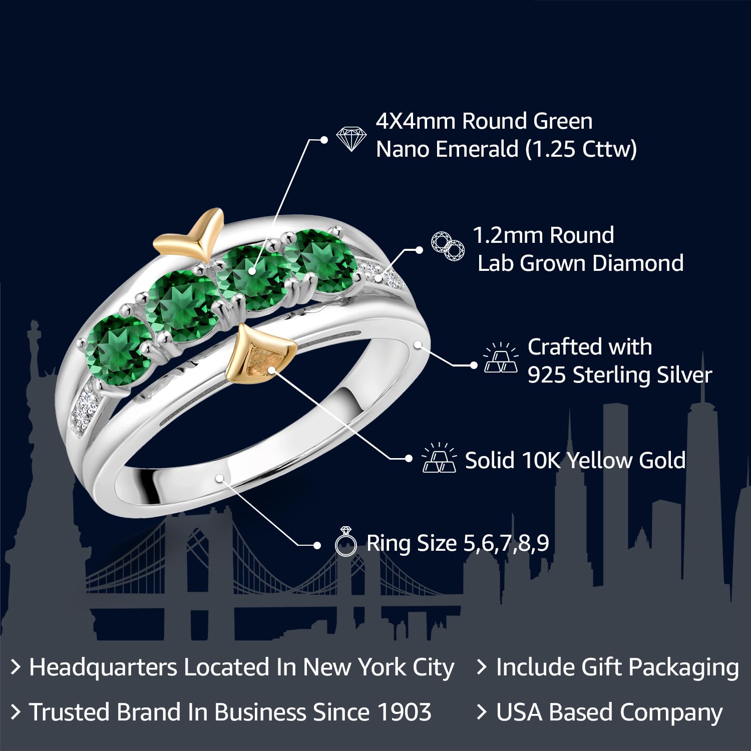 925 Sterling Silver and 10K Yellow Gold Green Nano Emerald and White Lab Grown Diamond 4-Stone Wedding Band Ring For Women (1.25 Cttw, Gemstone May Birthstone, Available In Size 5, 6, 7, 8, 9)