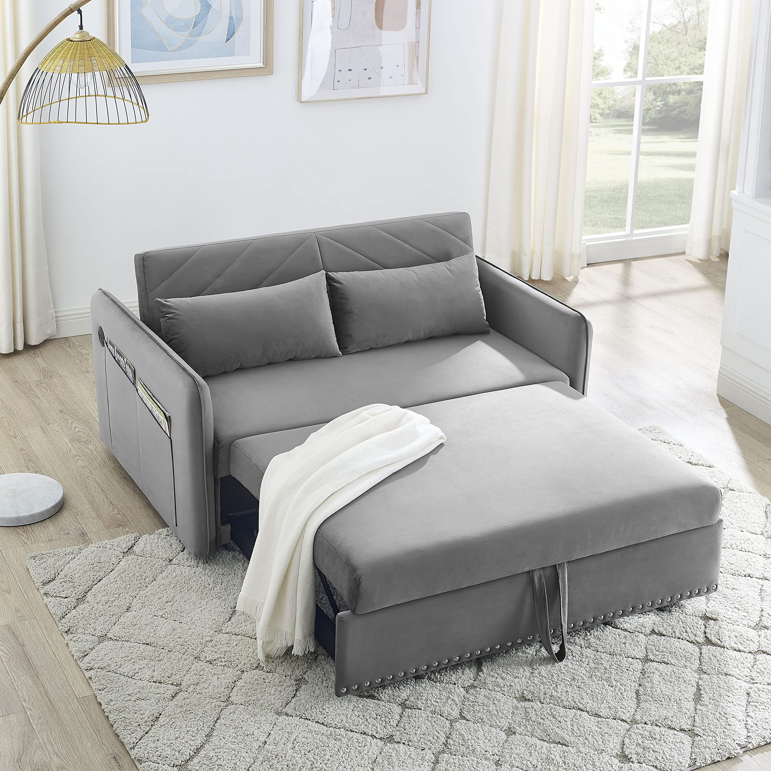 ERYE Functional 3 in 1 Sleeper Sofa Grid Backrest and USB Charging Ports,Modern Velvet Upholstered Convertible Loveseat Sofabed W/Pull Out Sleep Couch Bed & Nailhead Decor for Living Room, 55", Gray1