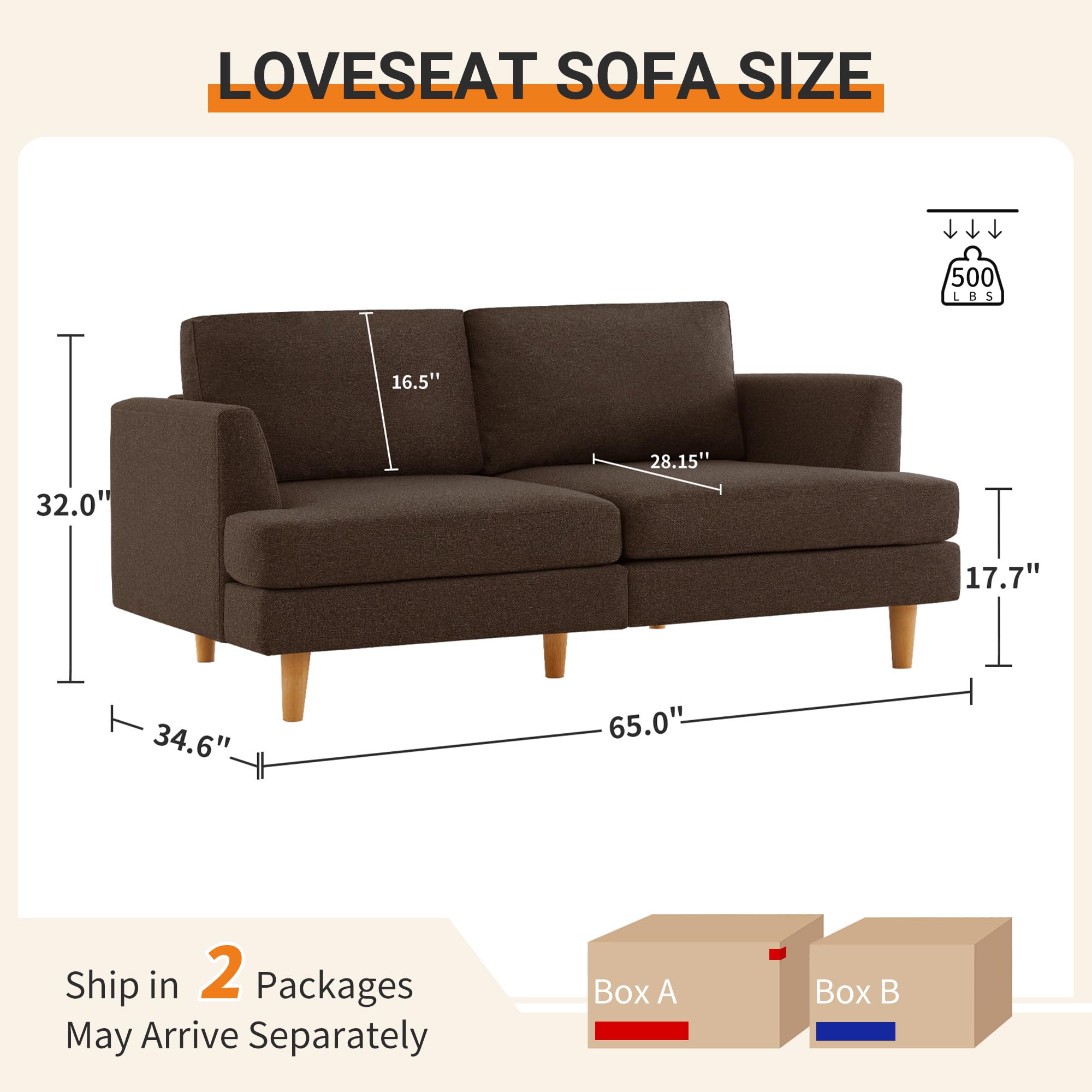 Busaurus Loveseat Sofa 65" Mid Century Modern Small Couches for Small Spaces Love Seat with 2-3 Seat Upholstered Cushion Sofa Couches for Bedroom Small Couch for Living Room Apartment (Brown)