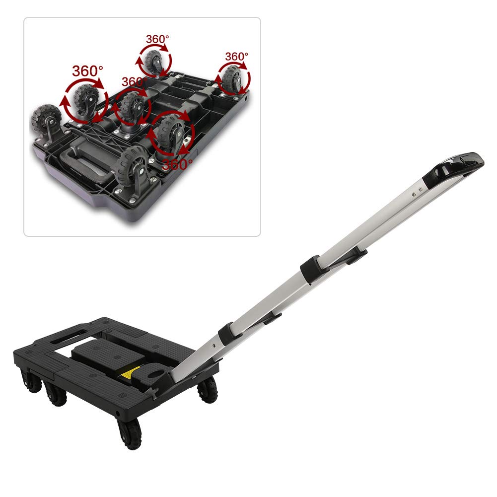 Asixxsix Folding Hand Truck, Portable Heavy Duty Luggage Cart with 7 Universal Wheels, Pulling Rod 170 Degree Rotatable Solid Construction Compact Utility Dolly Cart for Travel House Office