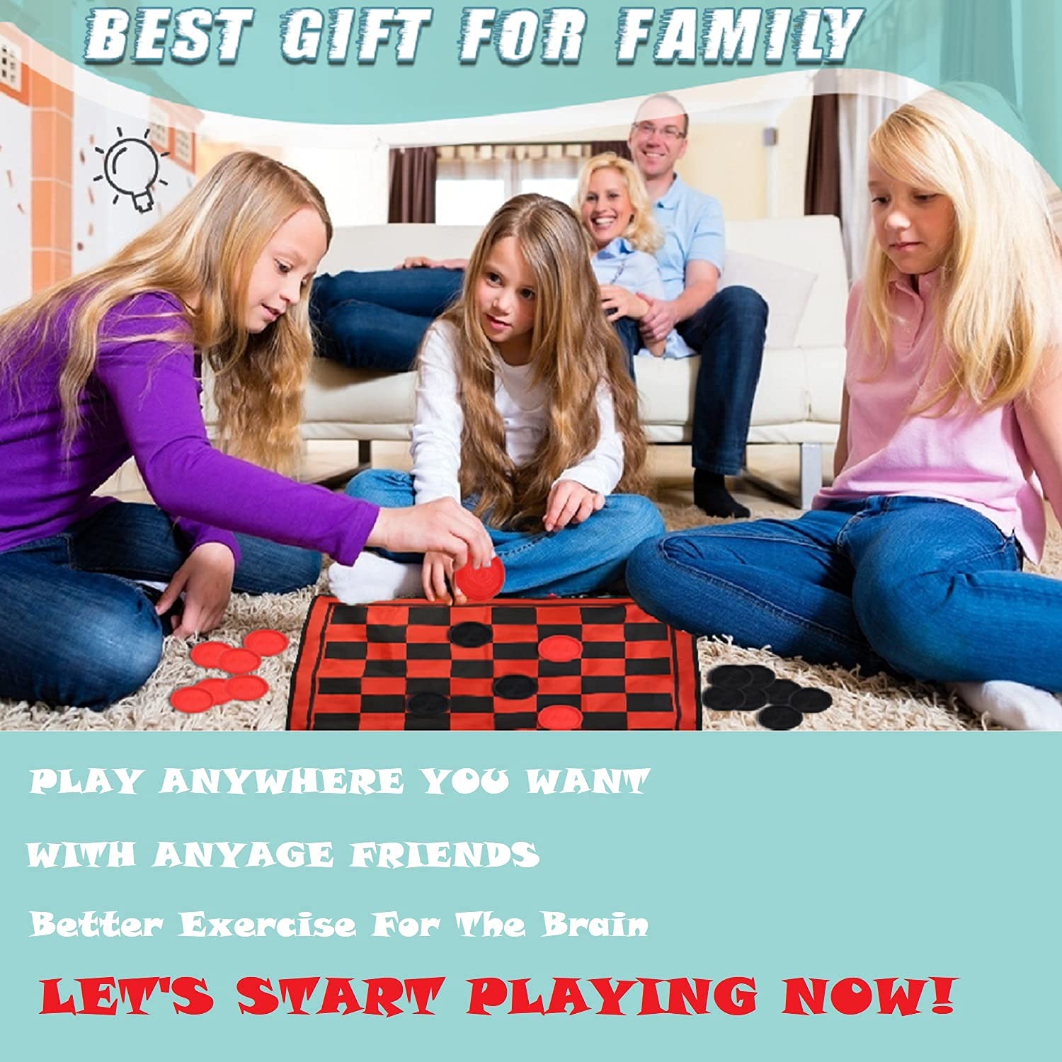 Win SPORTS 3 in 1 Giant Checkers Game Set,Super Tic Tac Toe,Including Reversible Rug with 24 Checkers,Indoor and Outdoor Activity for Kids or Adults,Board Game,Yard Game