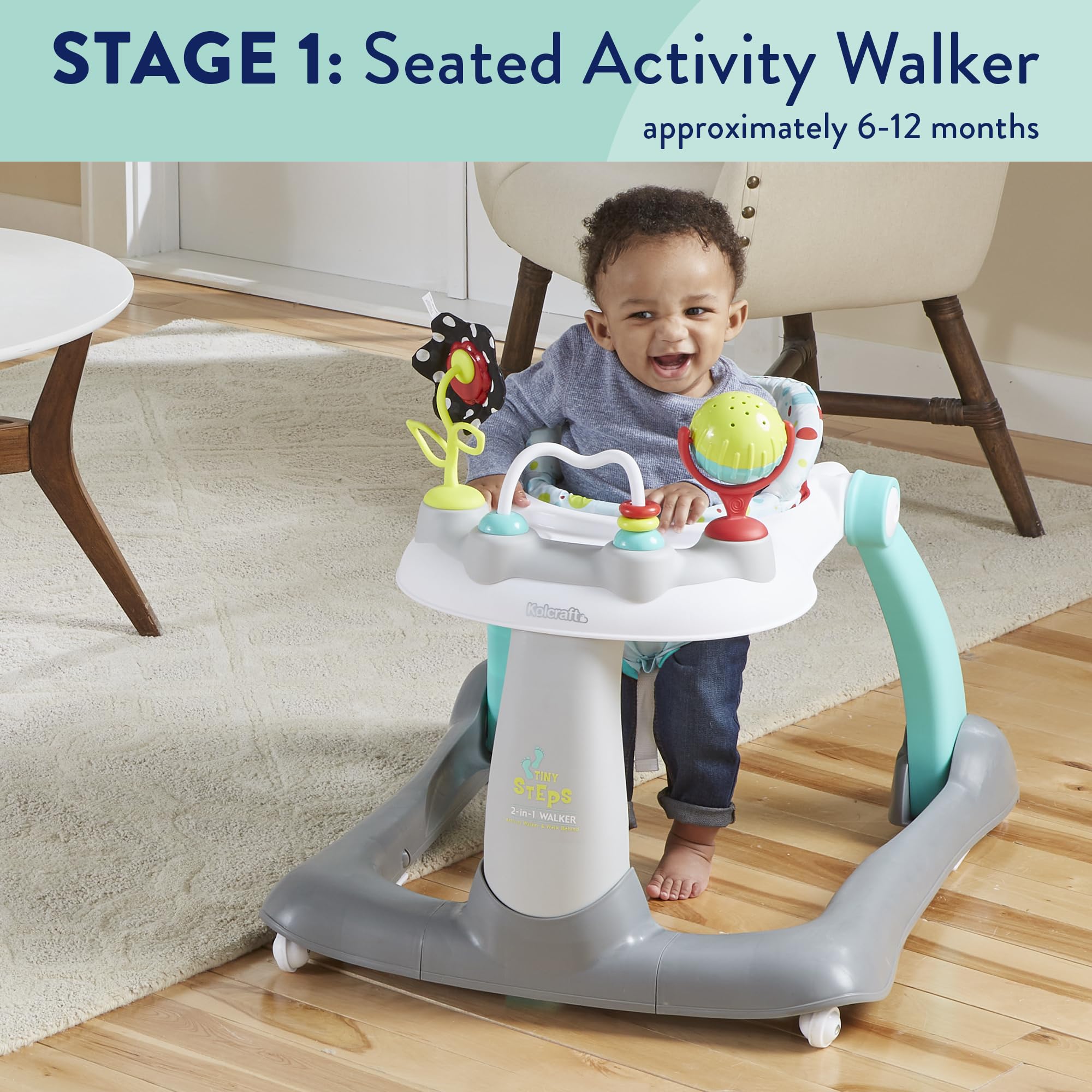 Kolcraft Tiny Steps 2-in-1 Infant & Baby Activity Walker - Seated or Walk-Behind, Jubliee