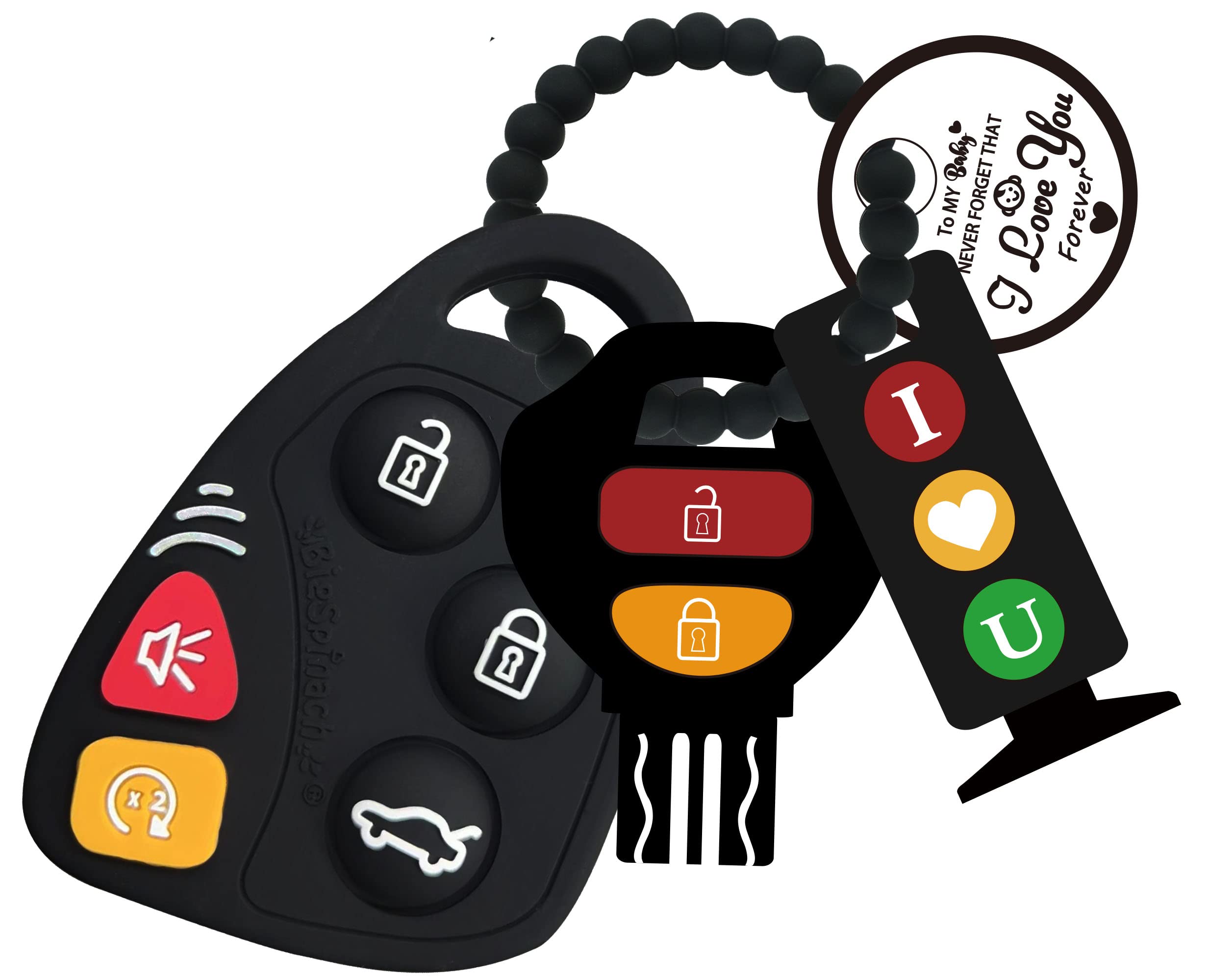 BIGSPINACH Car Keys Teething Toys Combo Set,Traffic Light Keys teether Toy,Teething Car Key Remote Control for Baby Teether Toys 6 to 12 Months（Black）