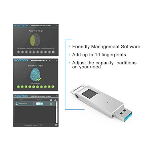 KOOTION 64GB High Speed Recognition Fingerprint Encrypted Flash Drive USB3.0 Drive Memory Stick, Silver