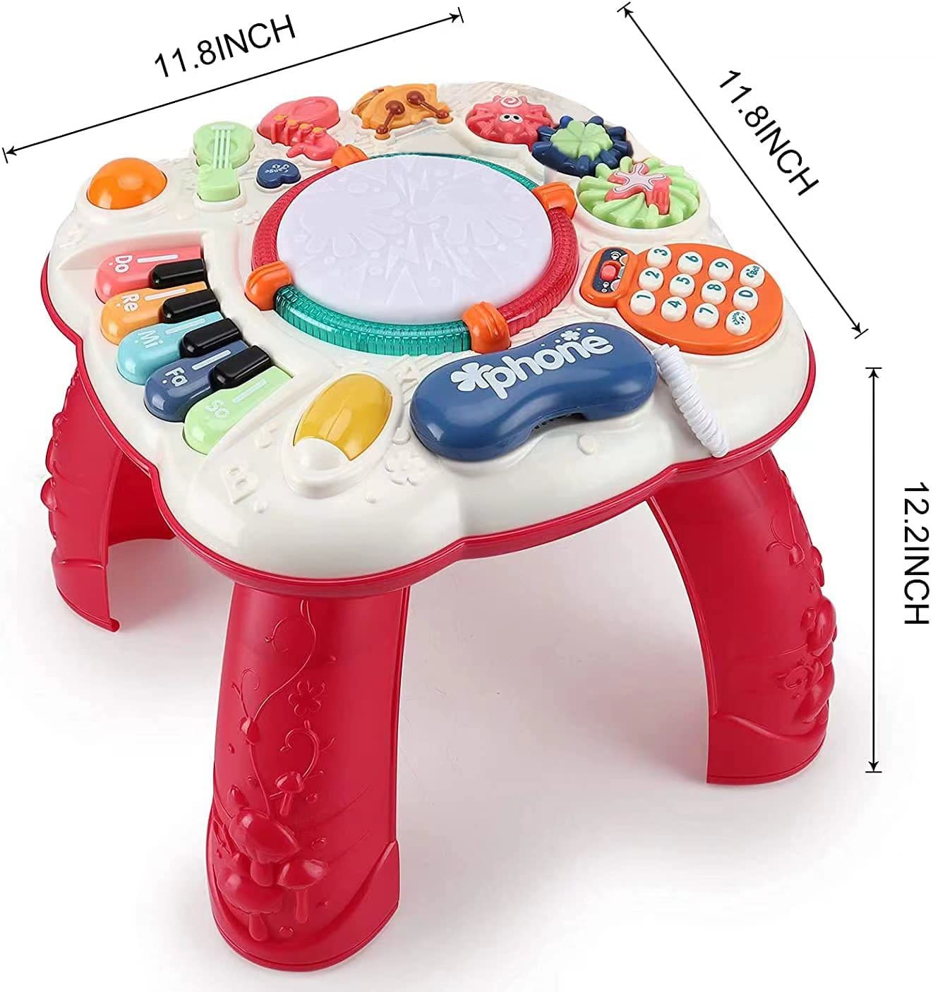 Dahuniu Baby Toys 6 to 12 Months, Learning Musical Table, Activity Table for 1 2 3 Years Old, 11.8 x 11.8 x 12.2 inches (Red)