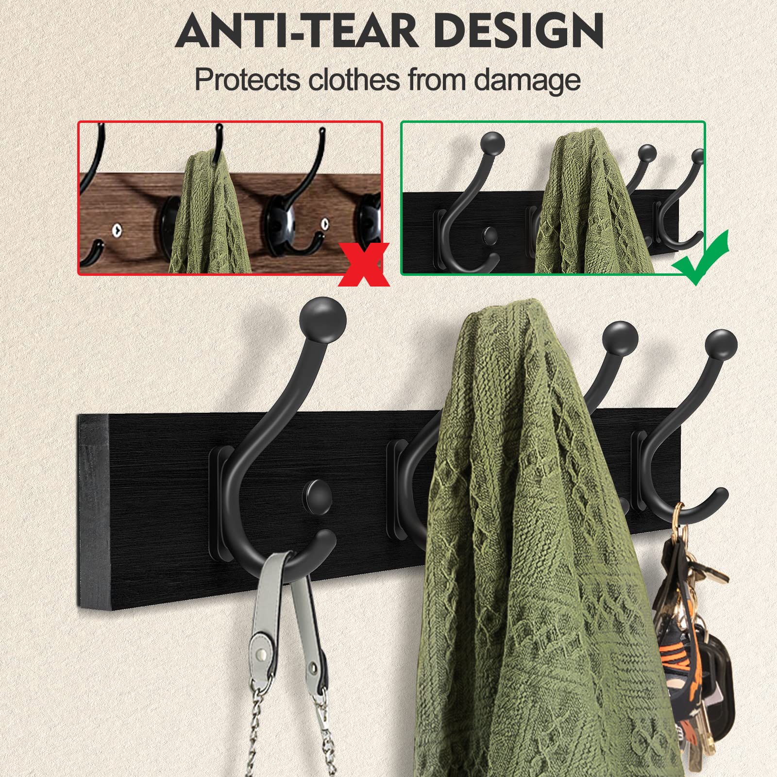 Coat Rack Wall Mount, Wooden Modern Coat Hooks,Entrance Coat Rack with 4 Wall Hooks,Wall Mounted Coat Rack for The Entrance,Living Room, Bedroom,Bathroom (Black)