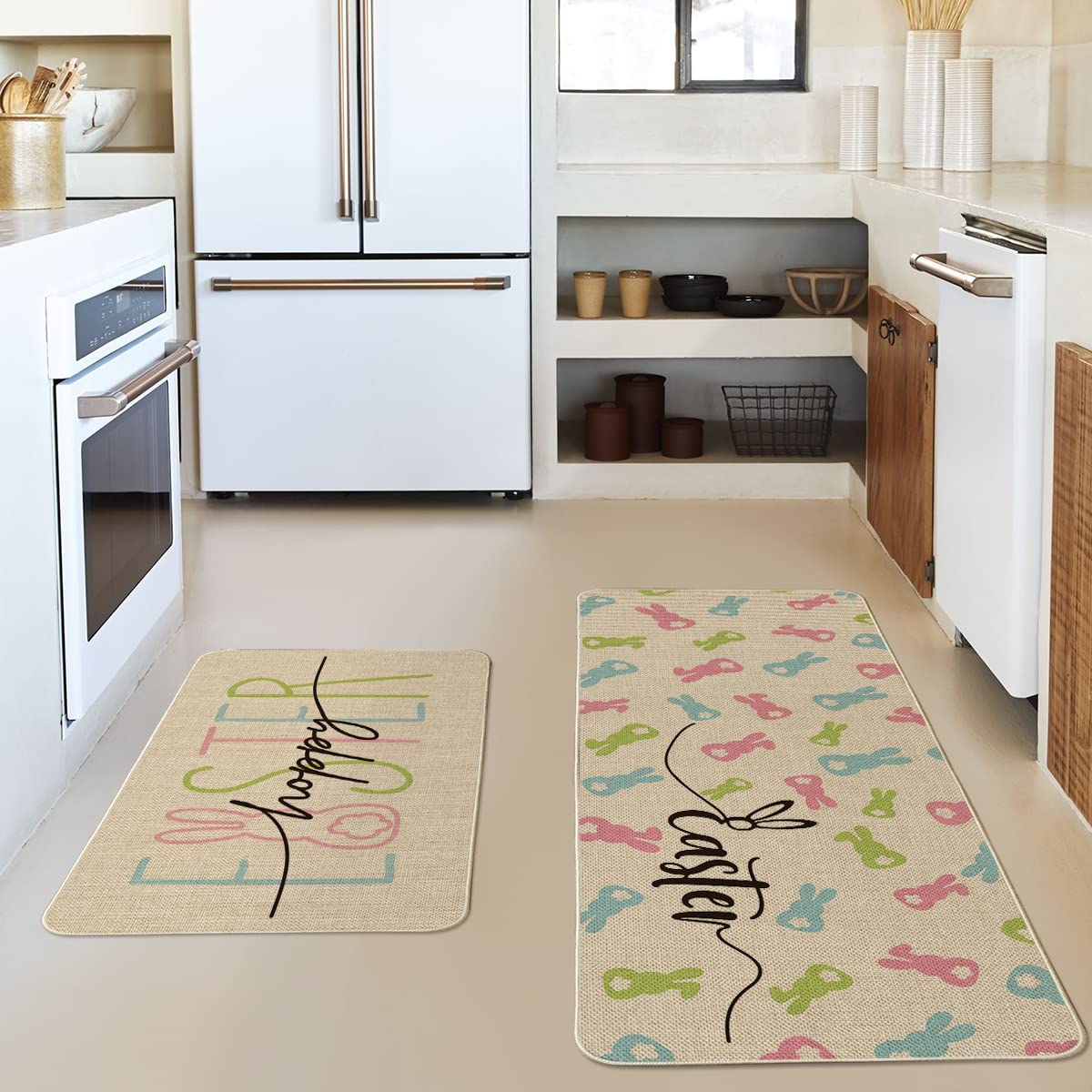 Artoid Mode Rabbit Bunny Hoppy Easter Kitchen Mats Set of 2, Spring Home Decor Low-Profile Kitchen Rugs for Floor - 17x29 and 17x47 Inch