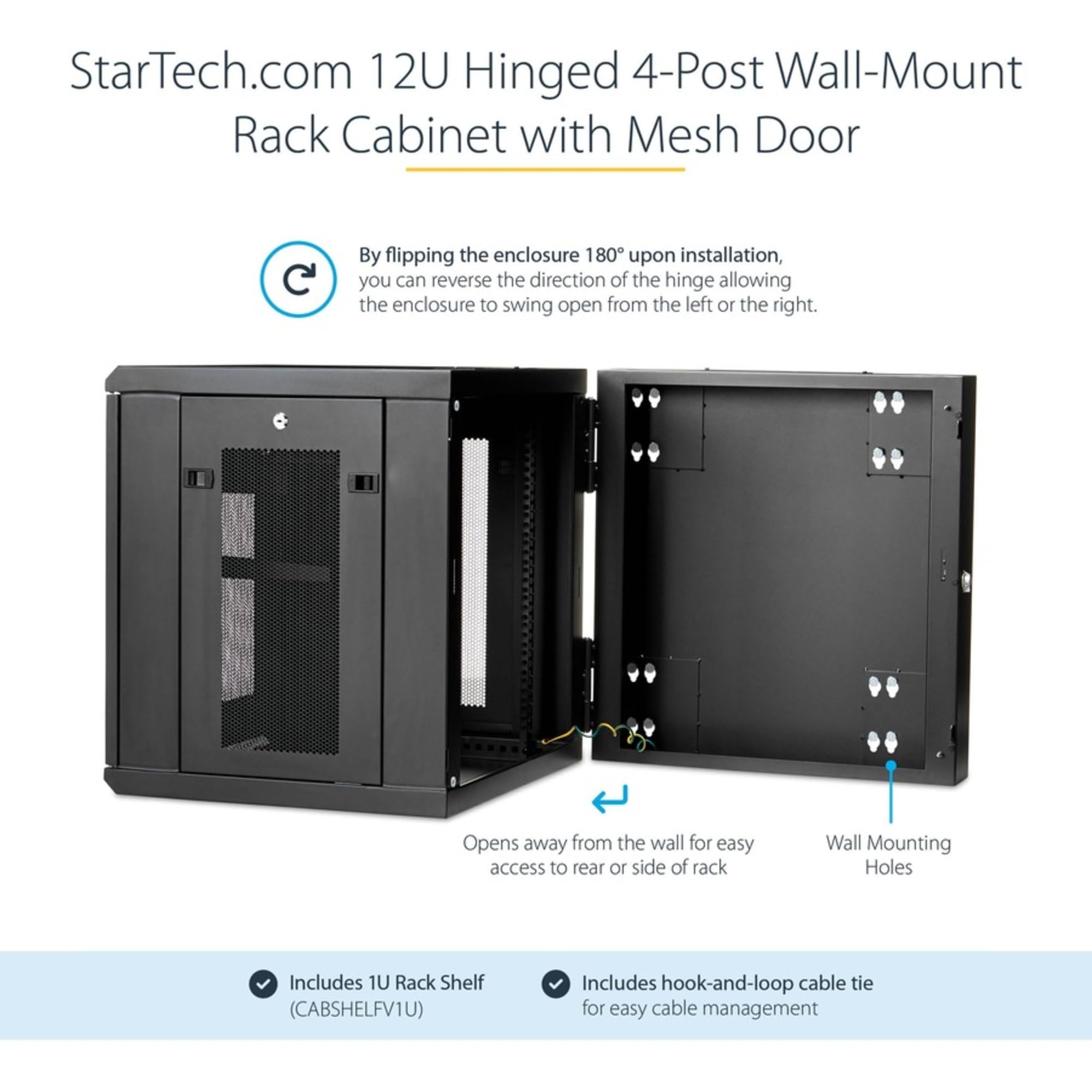 StarTech.com 4-Post 12U Wall Mount Network Cabinet with 1U Shelf, 19in Wall-Mounted Server Rack, Up to 20in Mounting Depth