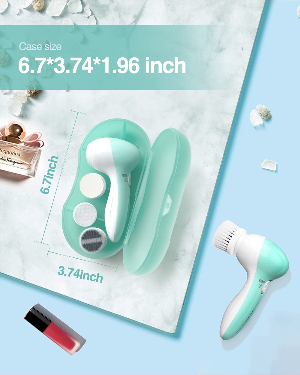 TOUCHBeauty Portable Facial Brush Set with Case & 3 Spin Brush Heads, 0.055mm Deep Pores Cleansing Bristle, Soft Silicone Massager Brush Face Exfoliator Brushes, Mini Travel Size Battery Powered