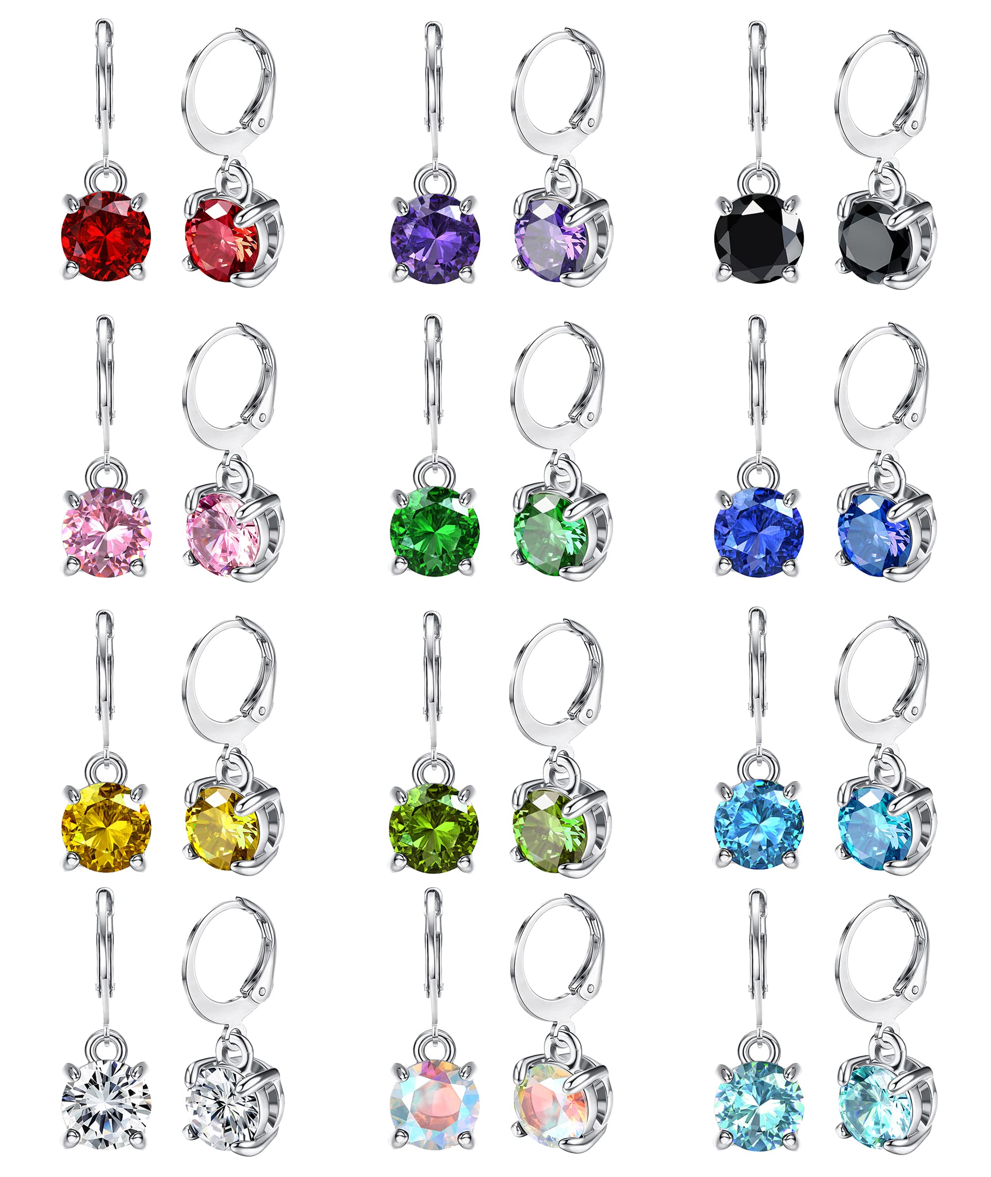 JOERICA 12 Pairs Leverback Dangle Earrings for Women Stainless Steel Dangle Hoop Earrings Set Multi Colored 8mm Cubic Zirconia Earrings
