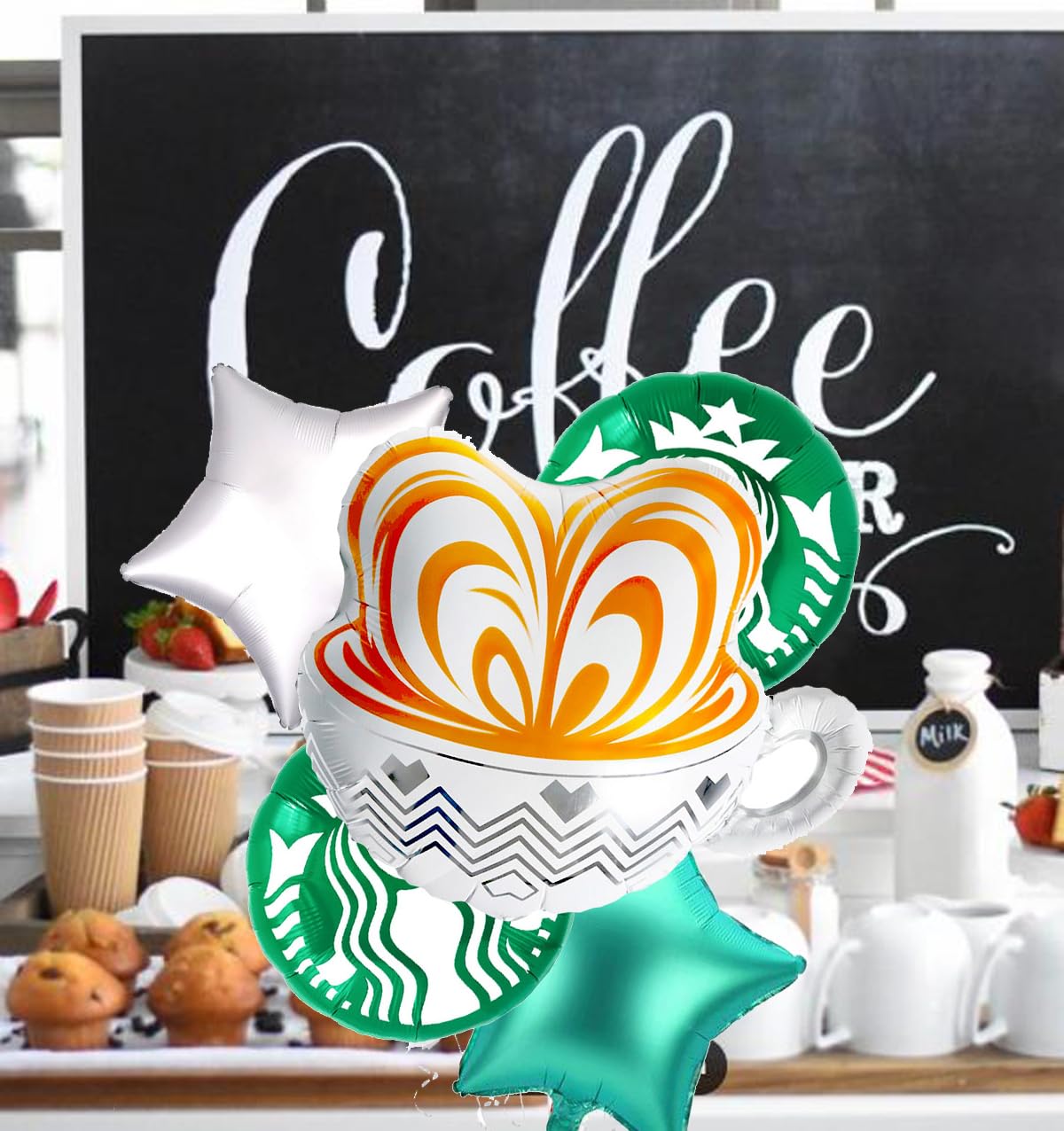 CYMYLAR 5Pcs Green Star Coffee Balloons and Coffee Cup Balloons for Coffee Lovers Party Decorations Coffee Birthday Decorations Coffee Decorations for Coffee Bar