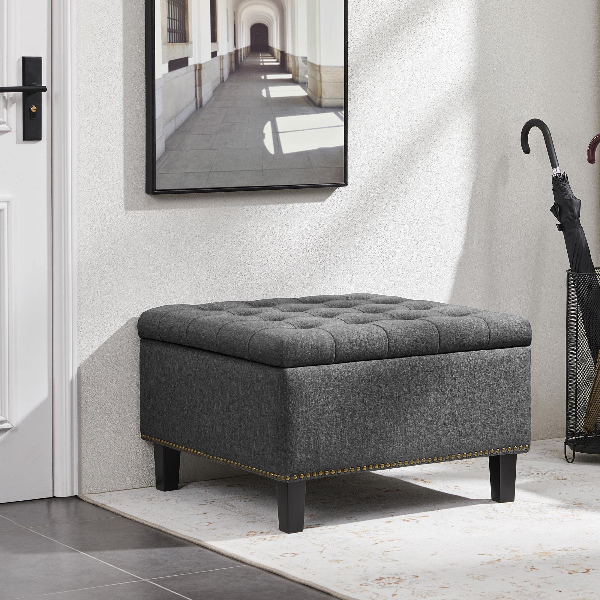 Yaheetech Ottoman with Large Storage, Multifunctional 28-inch Storage Bench, Bedroom Bench Foot Rest with Cushion as Footboard Bench, Sofa Bench, Coffee Table for Living Room Entryway Gray